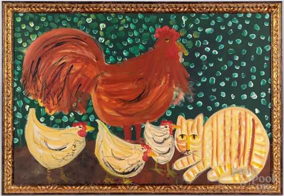 Barbara Strawser | Portrait of chickens and cat | MutualArt