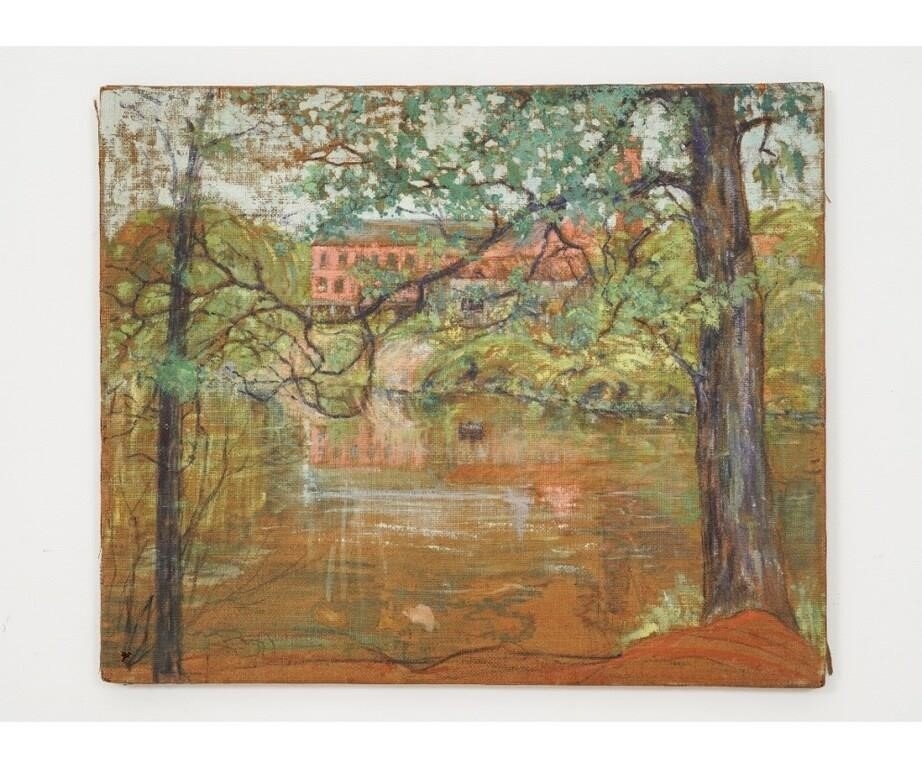 George Harding | Spring/summer landscape with stream and brick factory ...