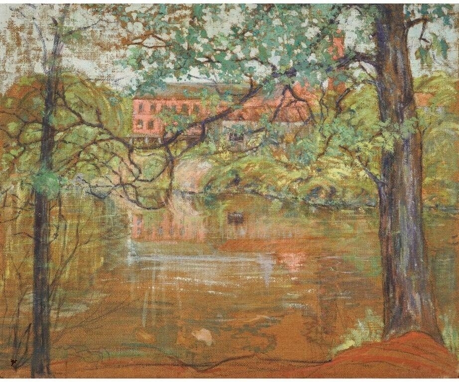 George Harding | Spring/summer landscape with stream and brick factory ...