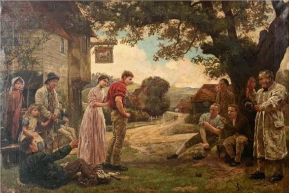 W. Lance | Lg Oil Painting of Angry Man in Group | MutualArt