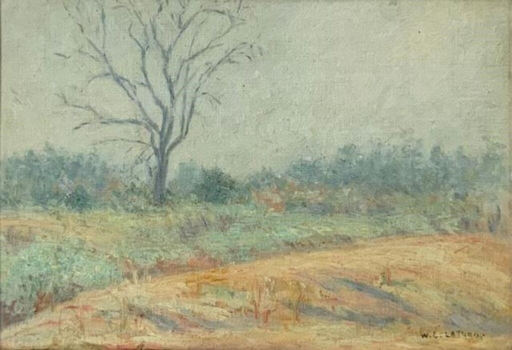 William Langson Lathrop | A small oil painting of a pastel landscape ...