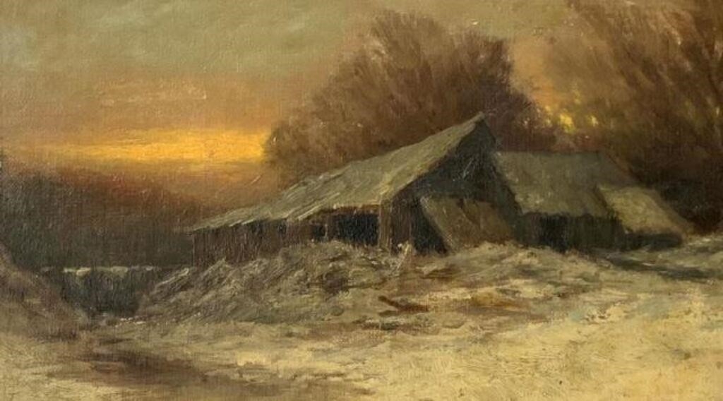 T.l. Smith | An Antique oil painting on canvas of a shack in the woods ...