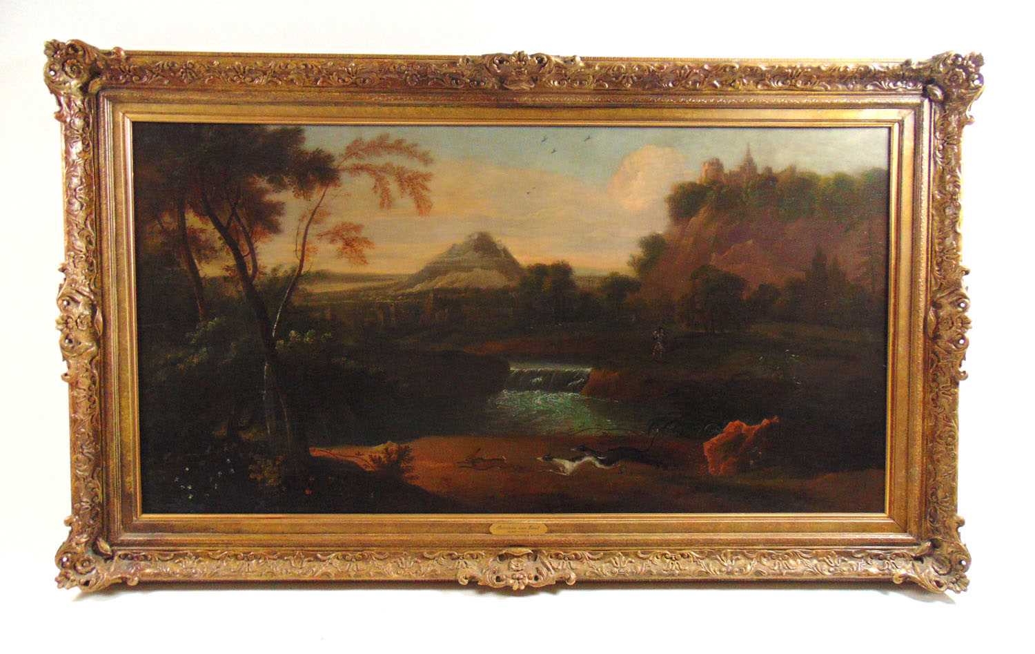 Adriaen Van Diest | Hunting dogs chasing a rabbit with castle in ...