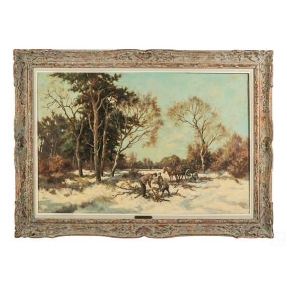 Dorus Arts | A figural landscape in winter with a horse, wagon, and ...