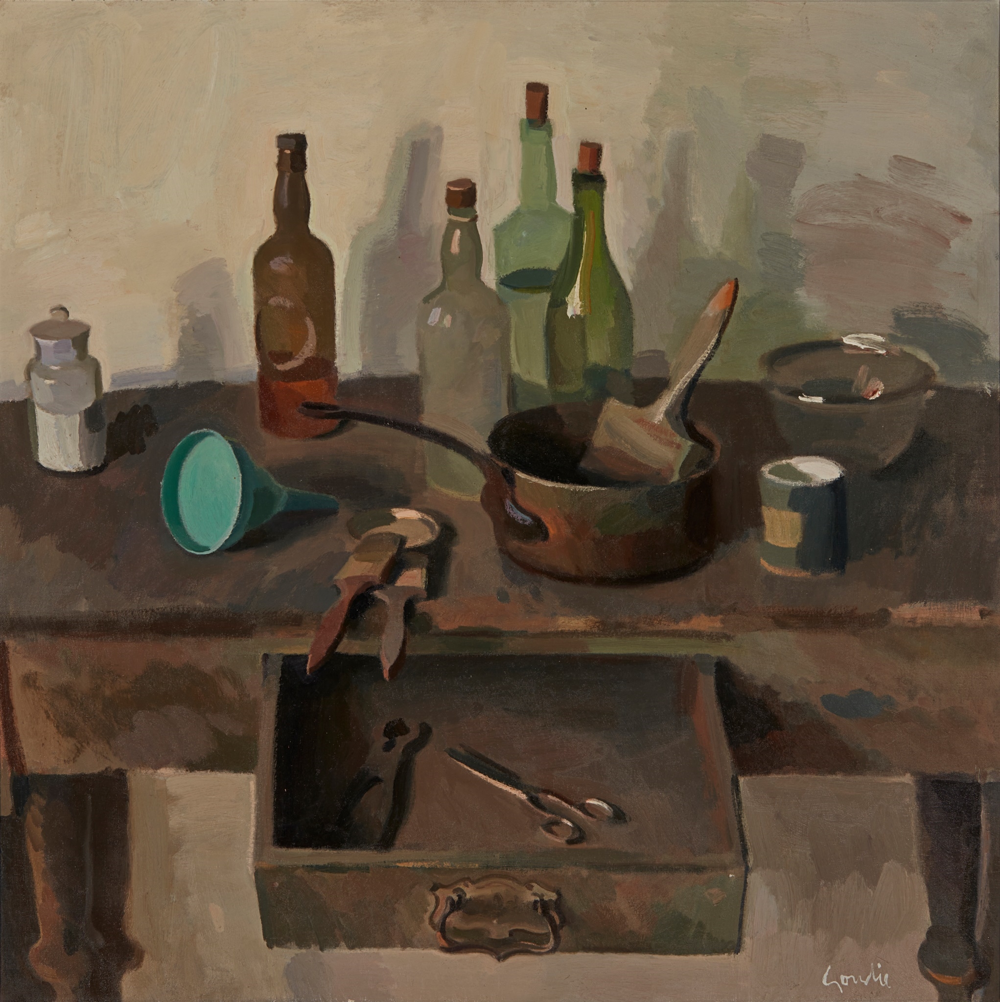 Alexander Goudie | STILL LIFE WITH BOTTLES AND OPEN DRAWER | MutualArt