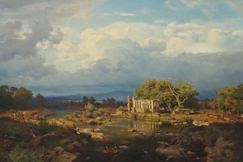 Heinrich Funk | Kirchenuine am Flussufer (1848) | MutualArt