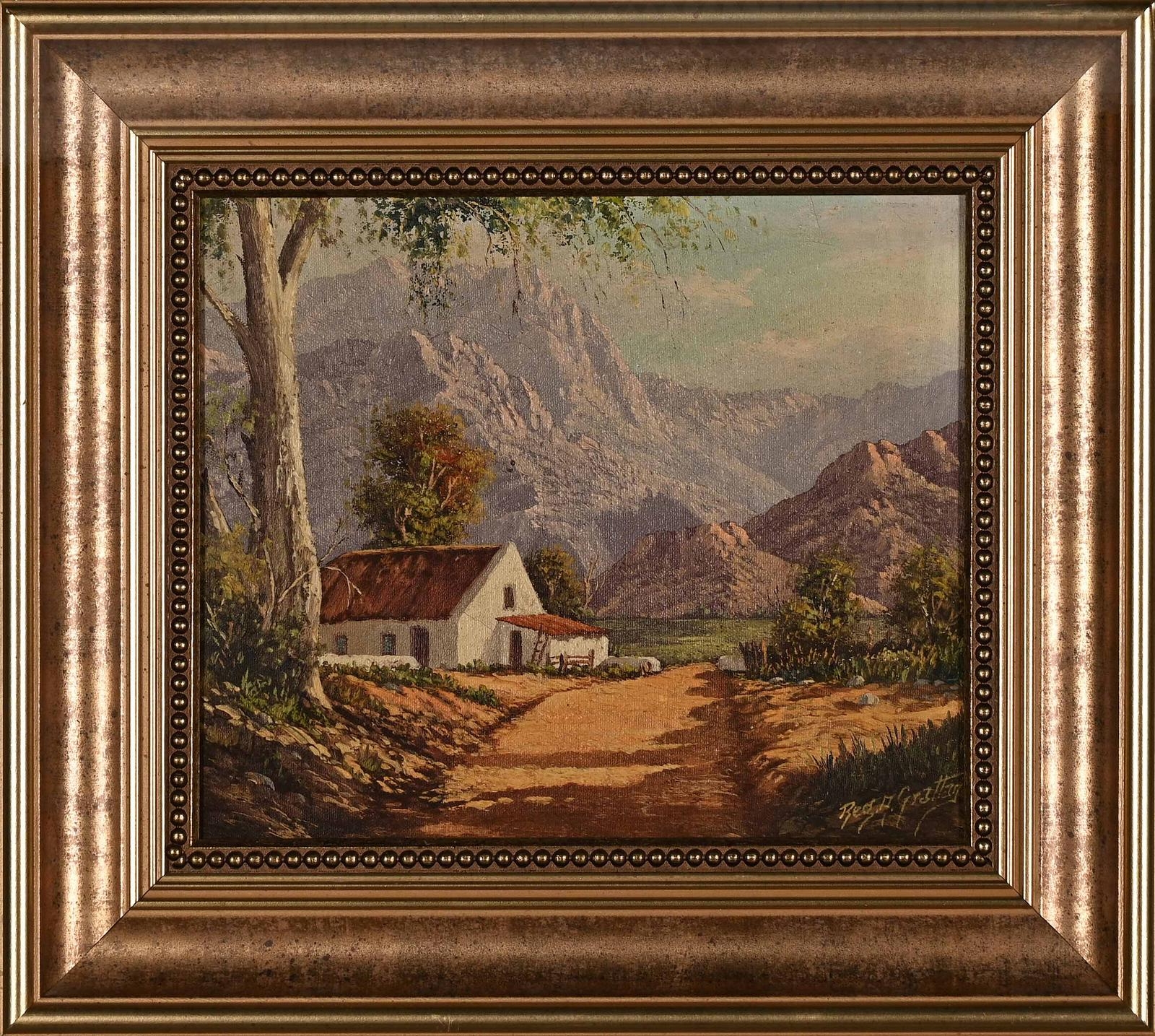 Reg Grattan | Farmhouse with Distant Mountains | MutualArt