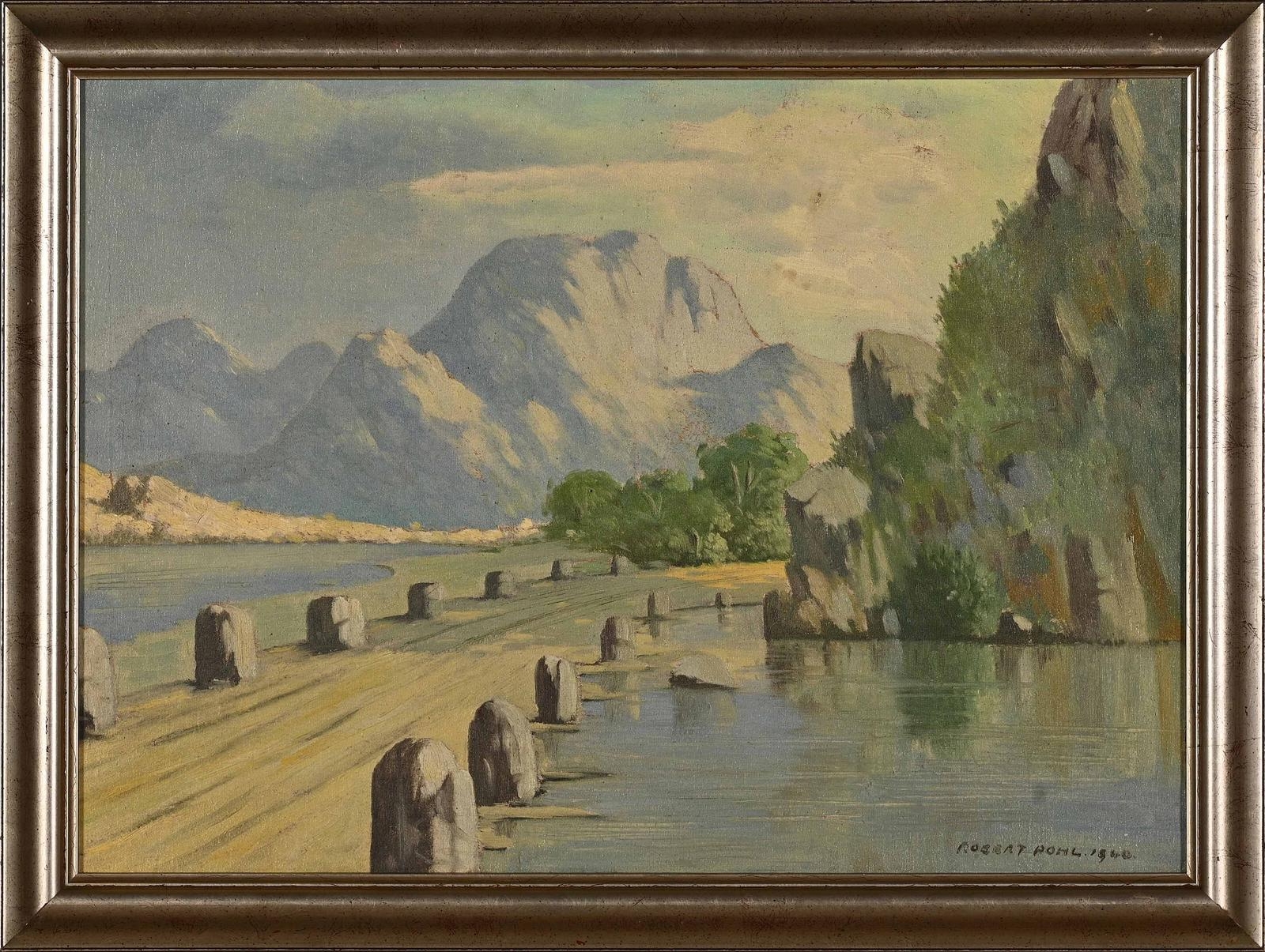 Robert Pohl | Bridge over River with Distant Mountains (1940) | MutualArt