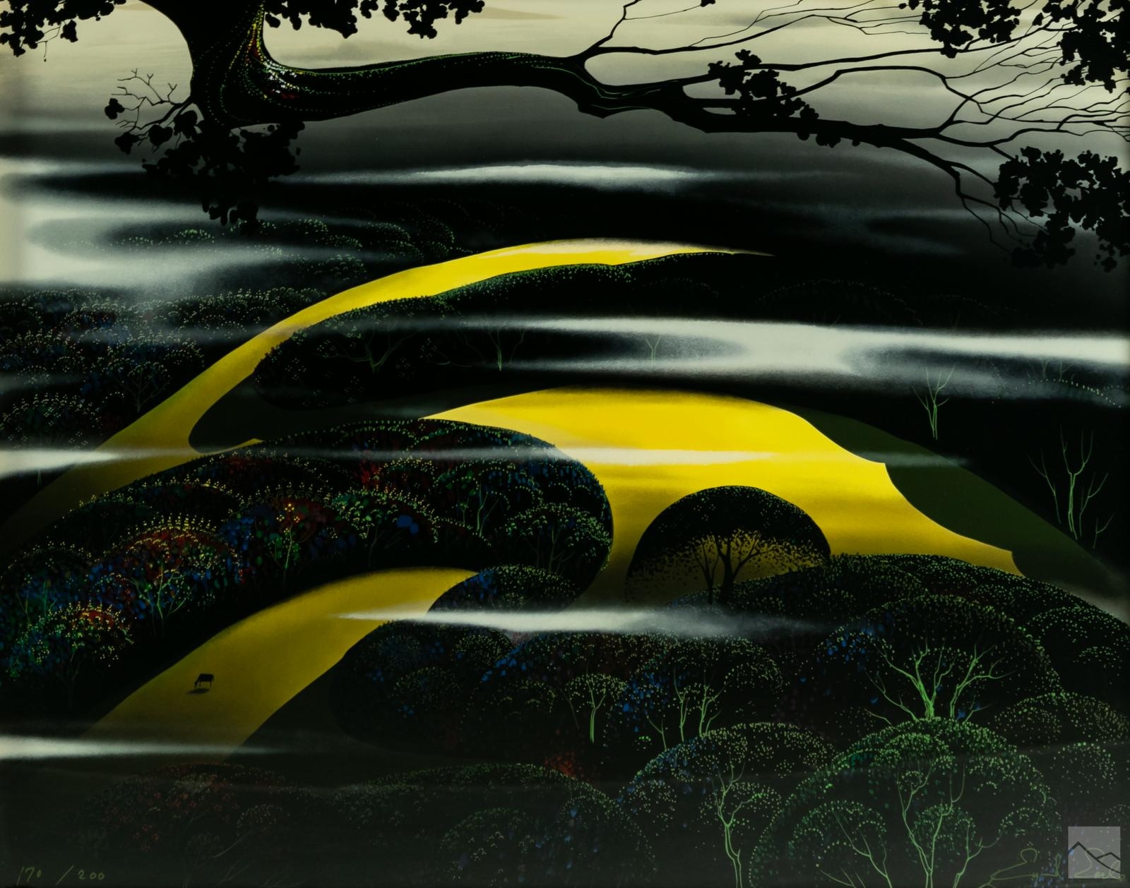 Eyvind Earle | Red Barn and Tree Snow | MutualArt