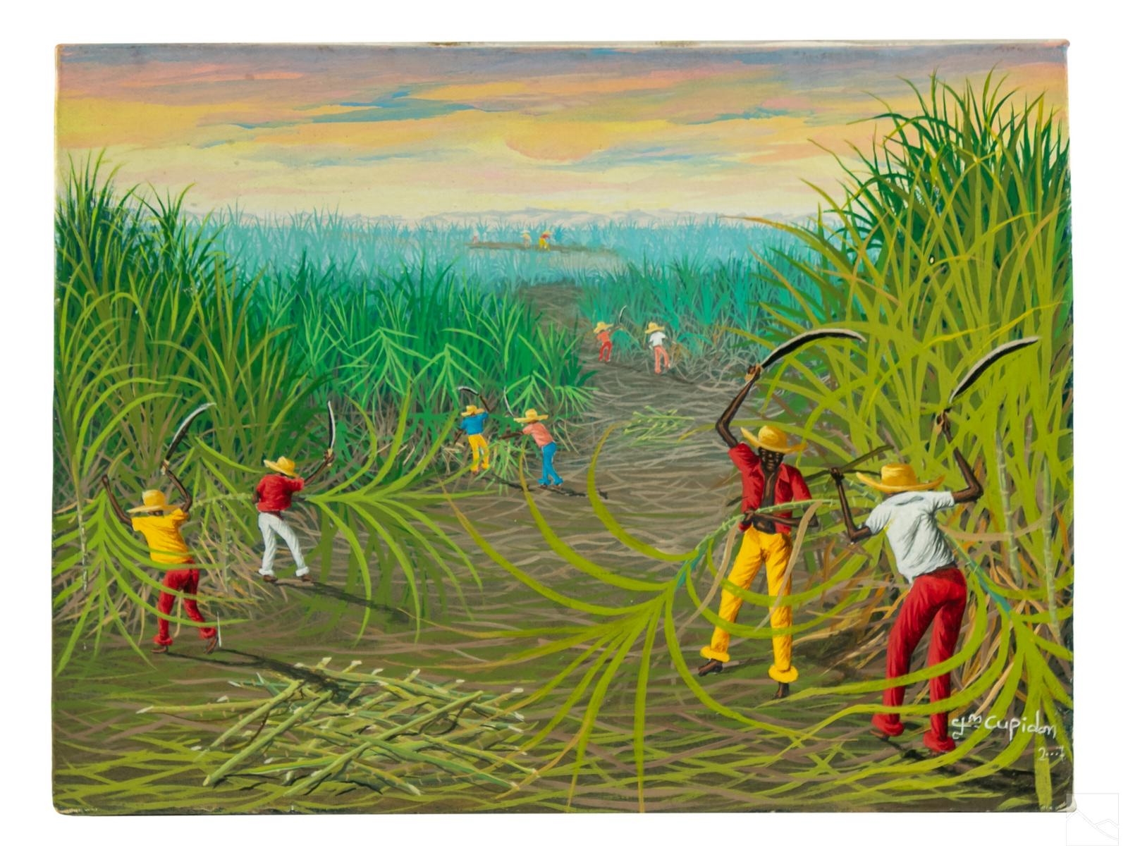 Rodrigue Cupidon | Lush landscape with human figures in fields | MutualArt