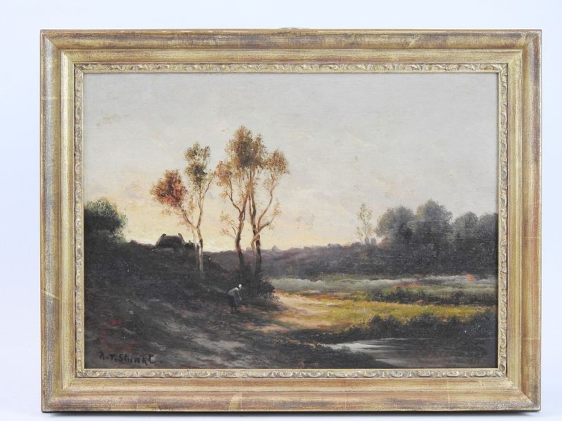 R.T. Stuart | Animated landscape at the edge of a pond | MutualArt