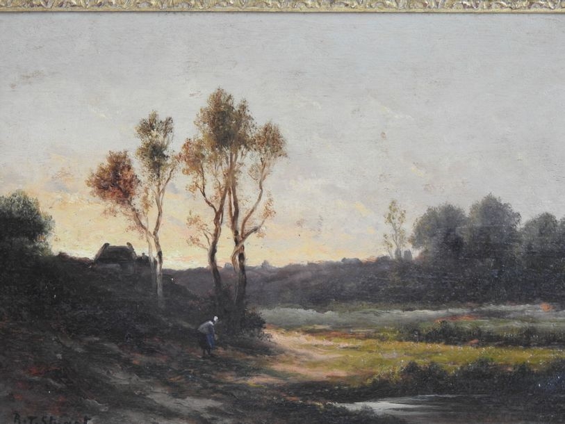 R.T. Stuart | Animated landscape at the edge of a pond | MutualArt