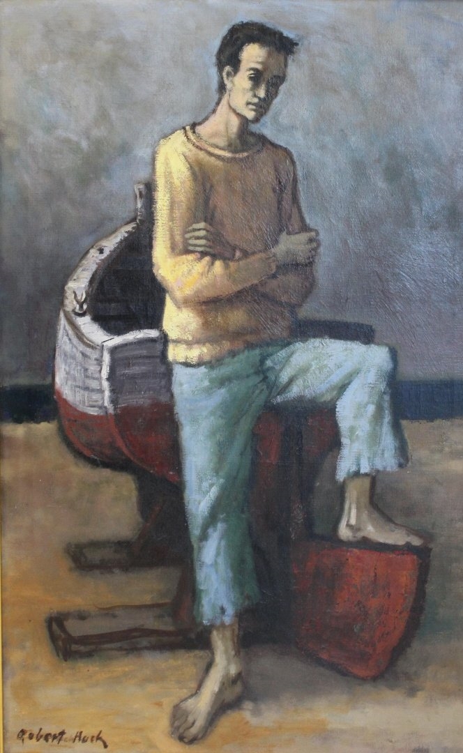 Robert Huck | Portrait of a man resting on a boat on stilts | MutualArt