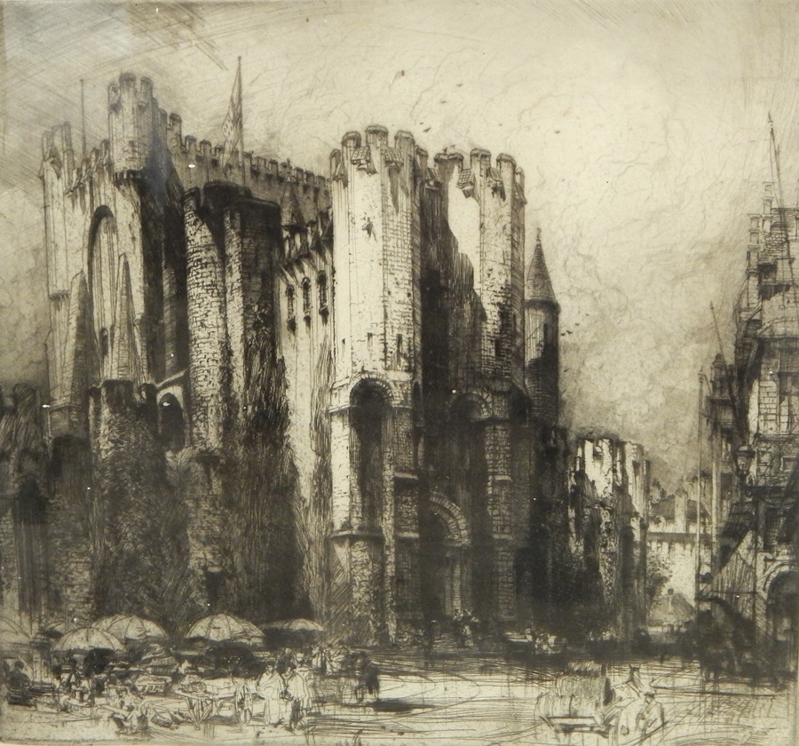 Hedley Fitton | busy market scene in front of castle | MutualArt