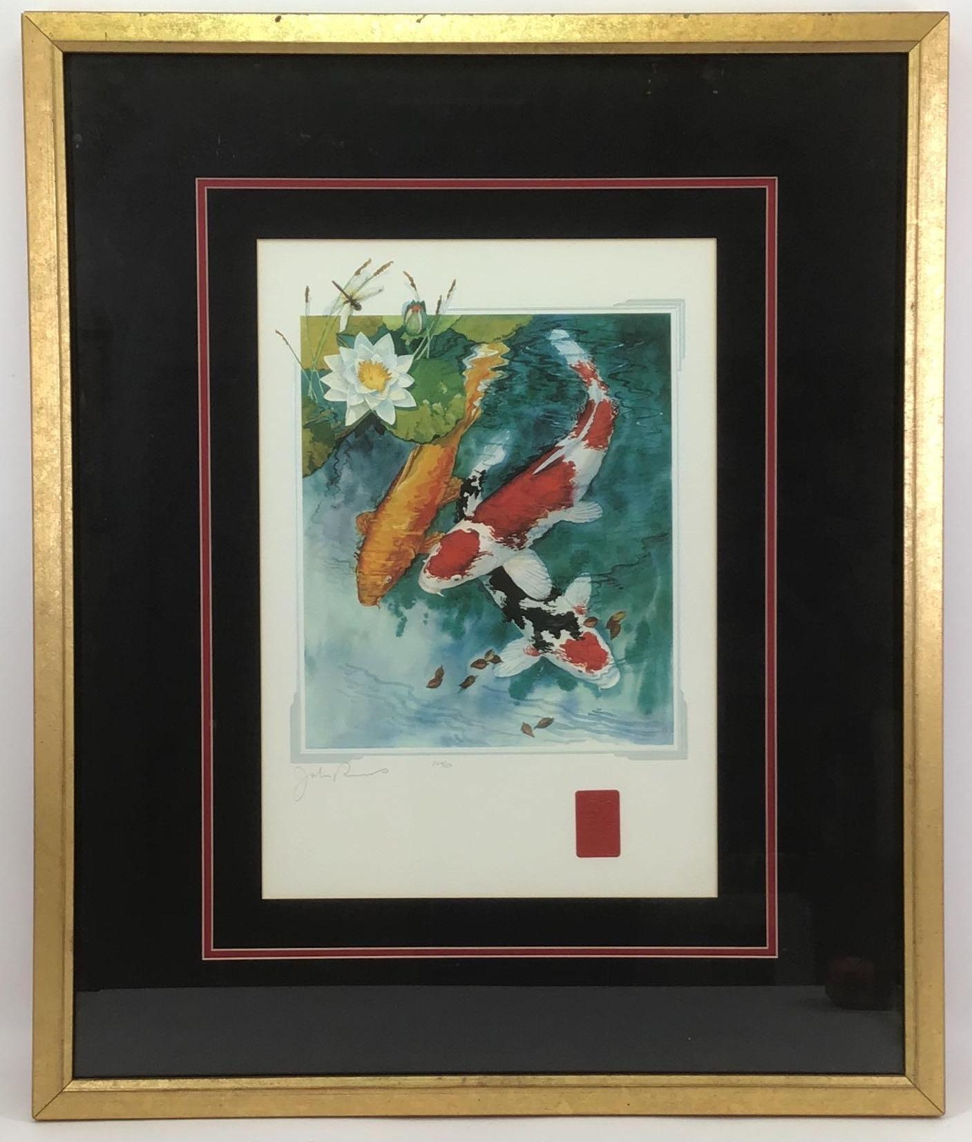 John Ramos | Colorful print of Koi fish and a dragonfly | MutualArt