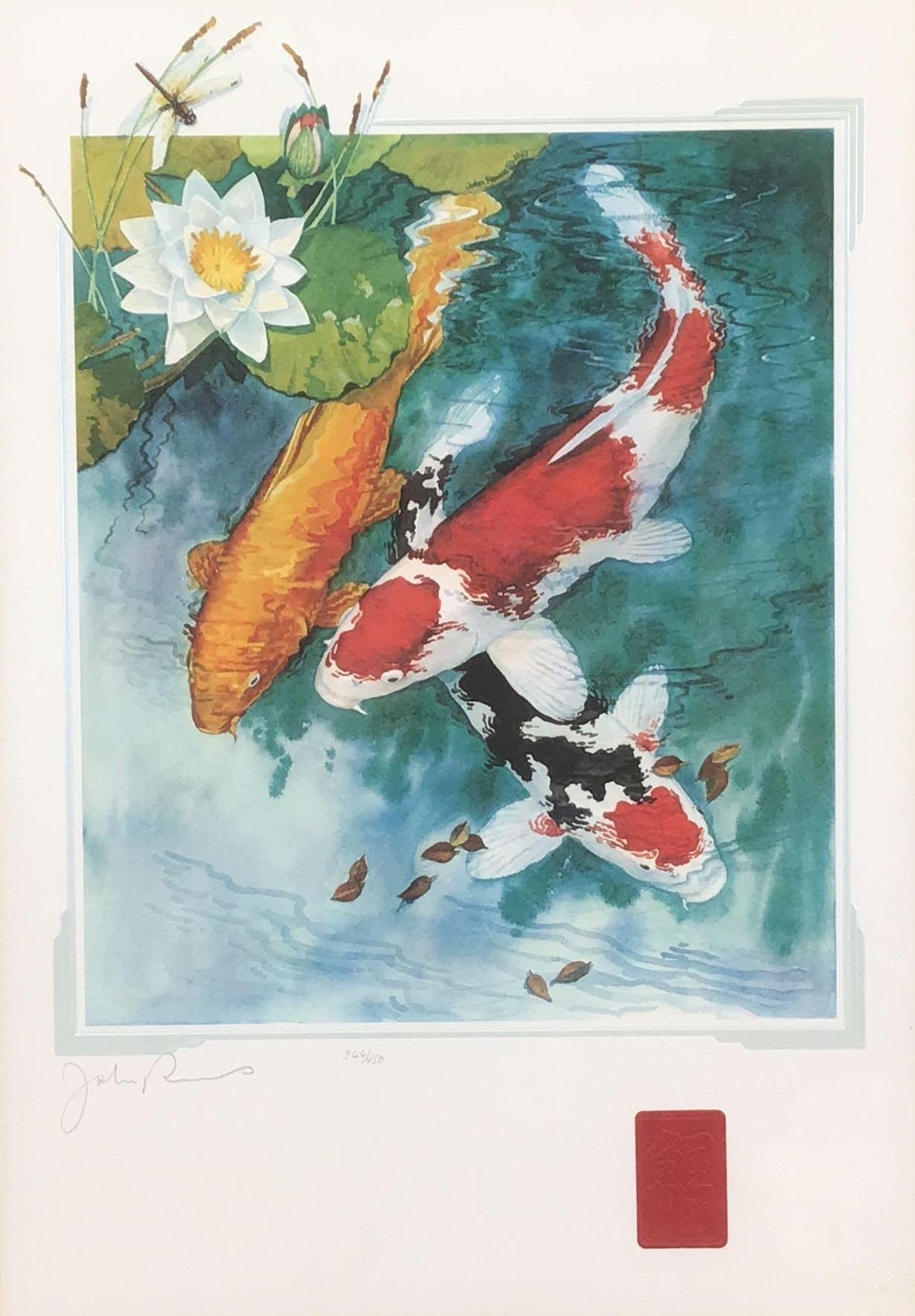 John Ramos | Colorful print of Koi fish and a dragonfly | MutualArt