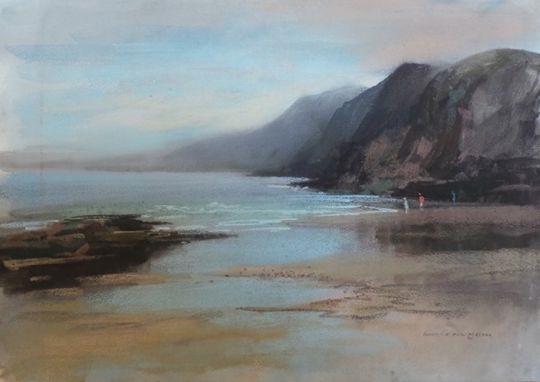 Aubrey R. Phillips | Coastal beach scene with figures in the foreground ...