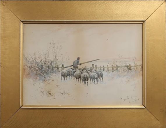 Hugo Anton Fisher | Watercolor of Man Herding Sheep | MutualArt