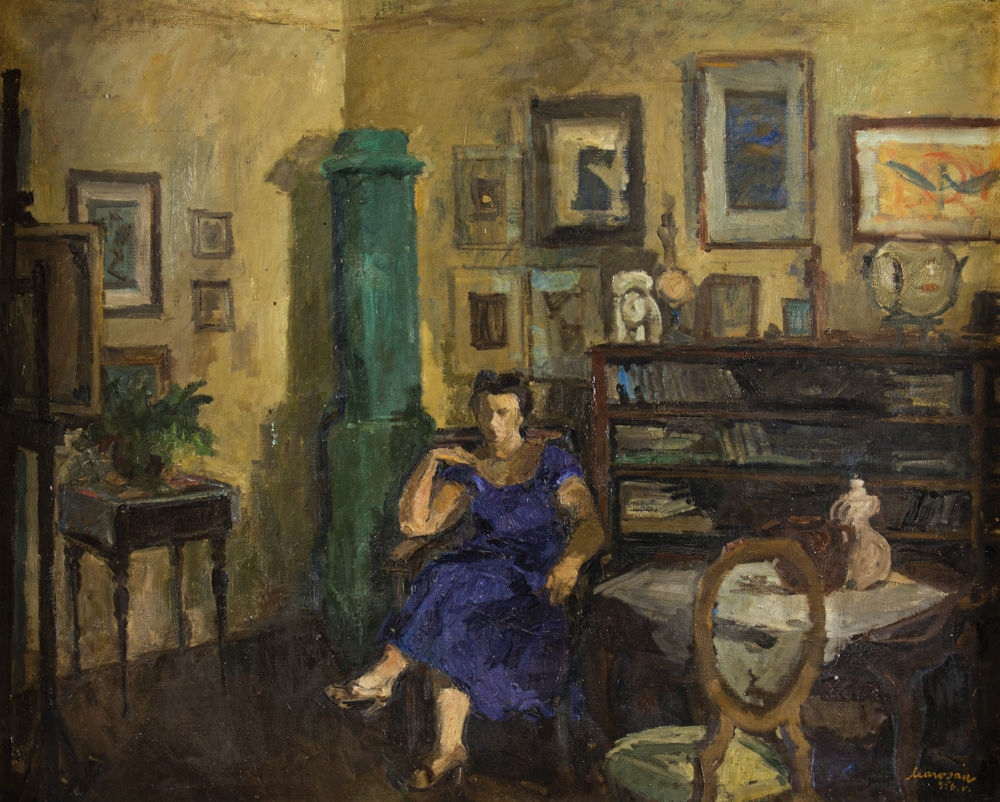 Gyula Marosán | Lady in Purple Dress in Interieur (1956) | MutualArt