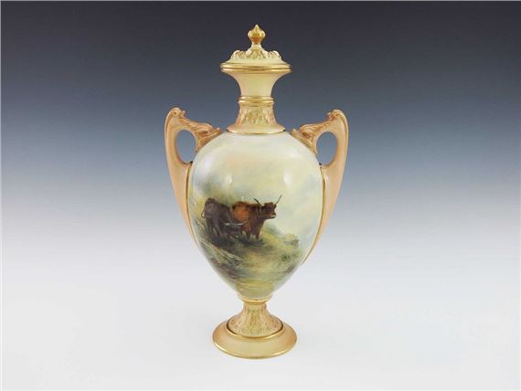 John Stinton | A Highland Cattle painted twin handled pedestal vase ...
