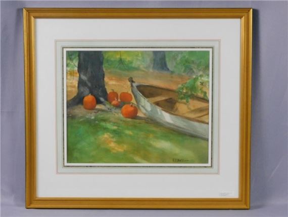 Gary David Hoffmann | Landscape depicting a row boat and pumpkins ...