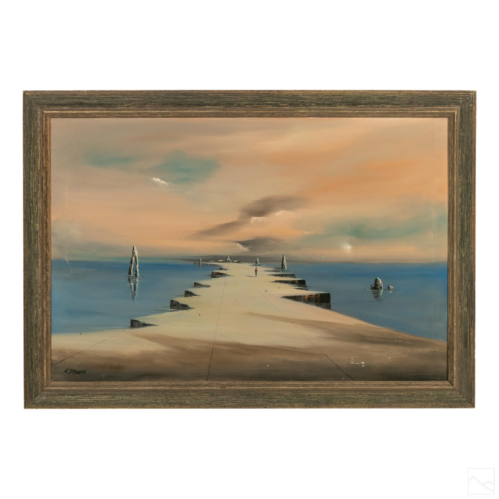 John Stancin | A Surrealist scene with figures walking along a white ...