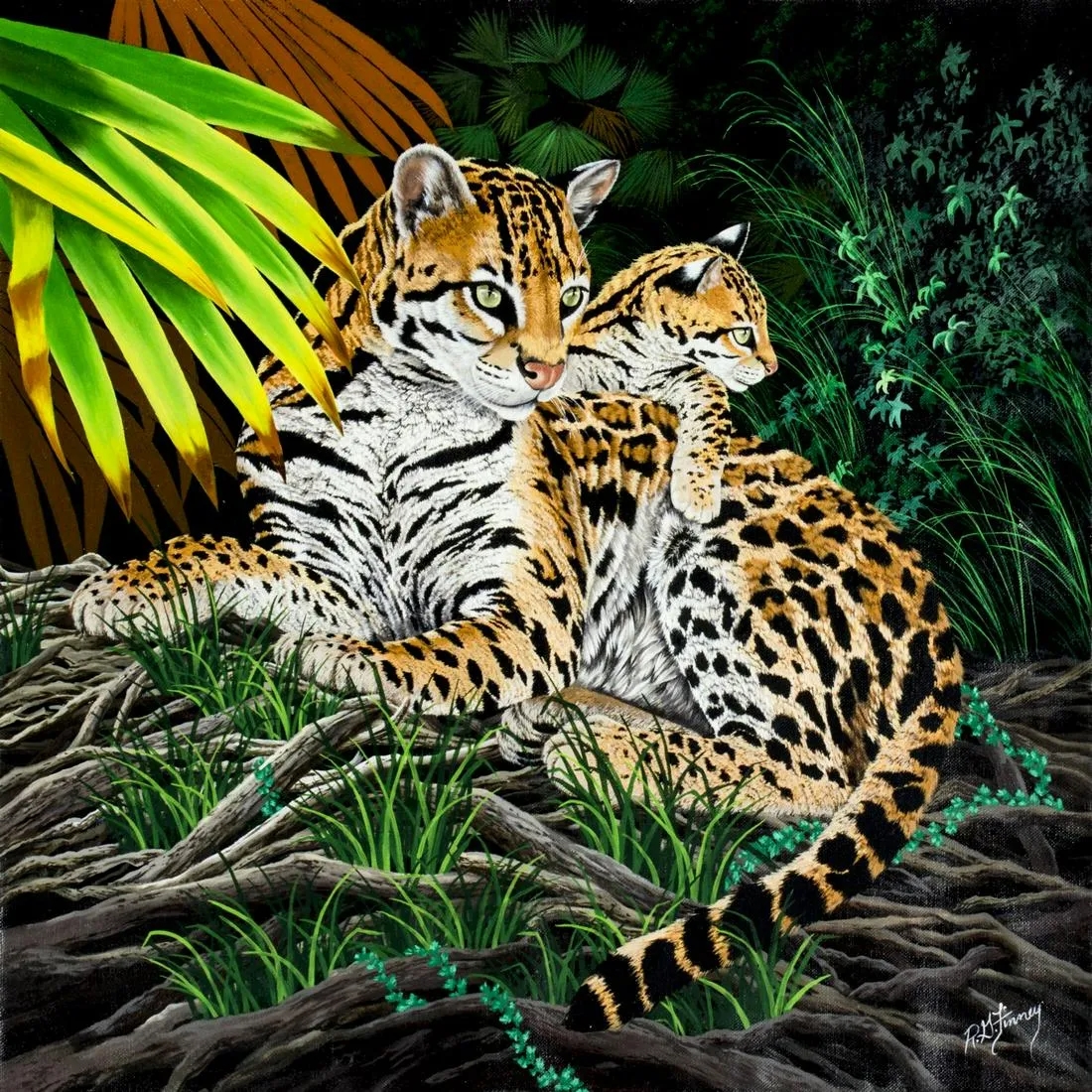 R. G. Finney | Ocelot Mother with Cub Sitting in Grass (1994) | MutualArt