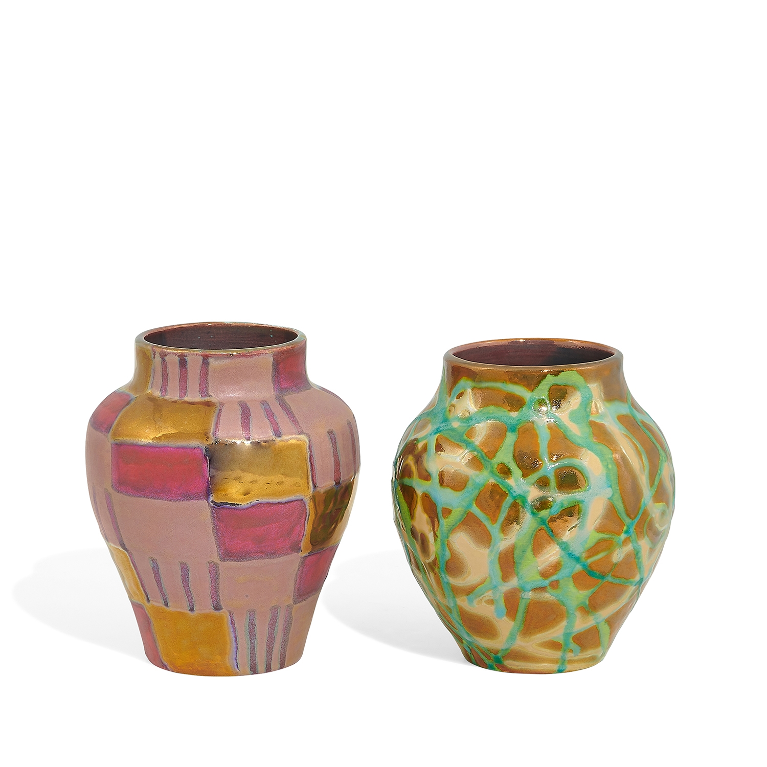 Paul J. Katrich | Colorful lusterware earthenware vases, two: one with rectangles and lines in ...