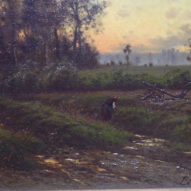 Léon Richet | : Coucher de soleil sur un paysage d'étang avec laboureur ...