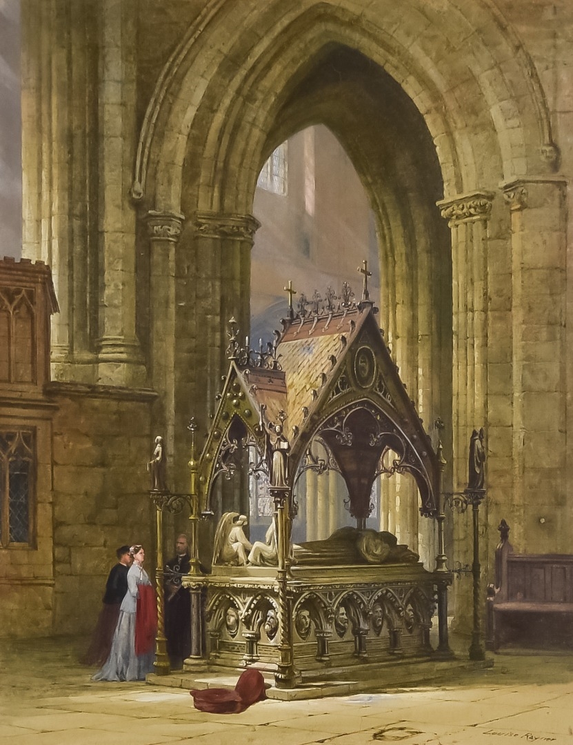 Louise Rayner | Chester Cathedral with figures admiring a canopied tomb ...