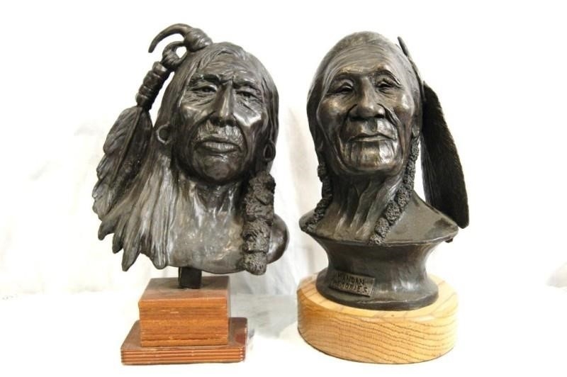 Charles Marion Russell | 2 Bronze Native American Busts - + | MutualArt
