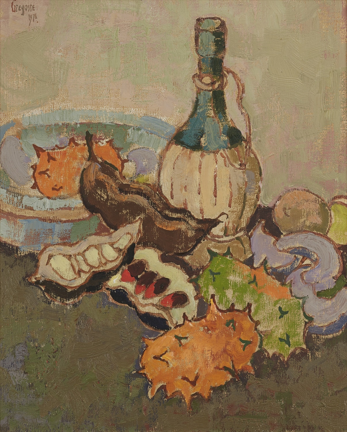 Gregoire Johannes Boonzaier | Still life with seed pods and Chianti ...