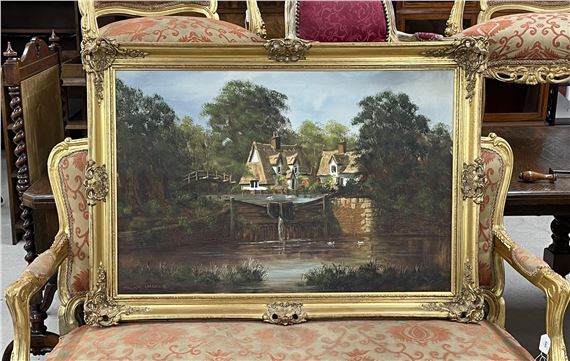 Malcolm Gearing | a loch scene with cottages and a wooden bridge, trees ...