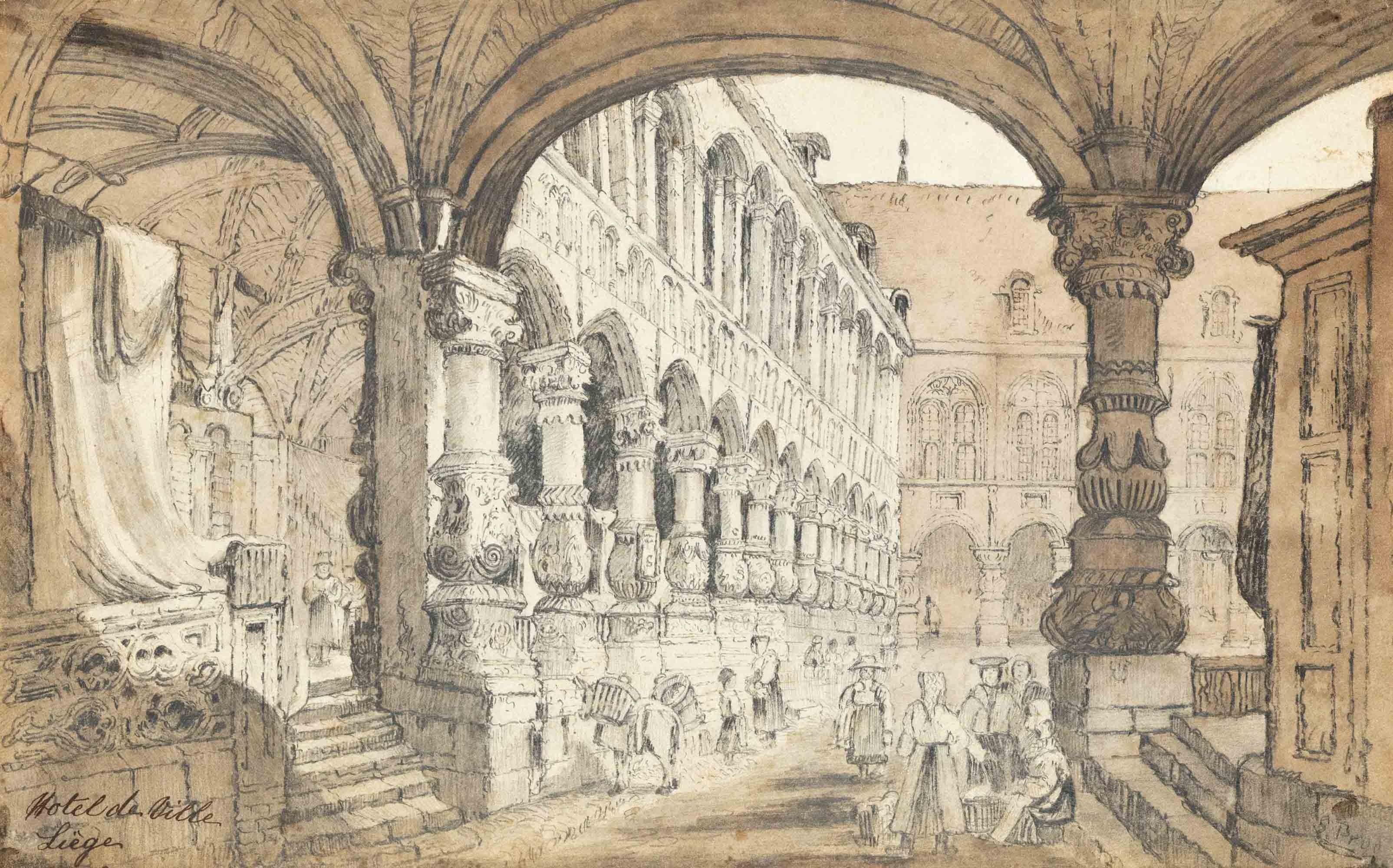 Samuel Prout | Group of 6 drawings with detailed views of Liège and ...