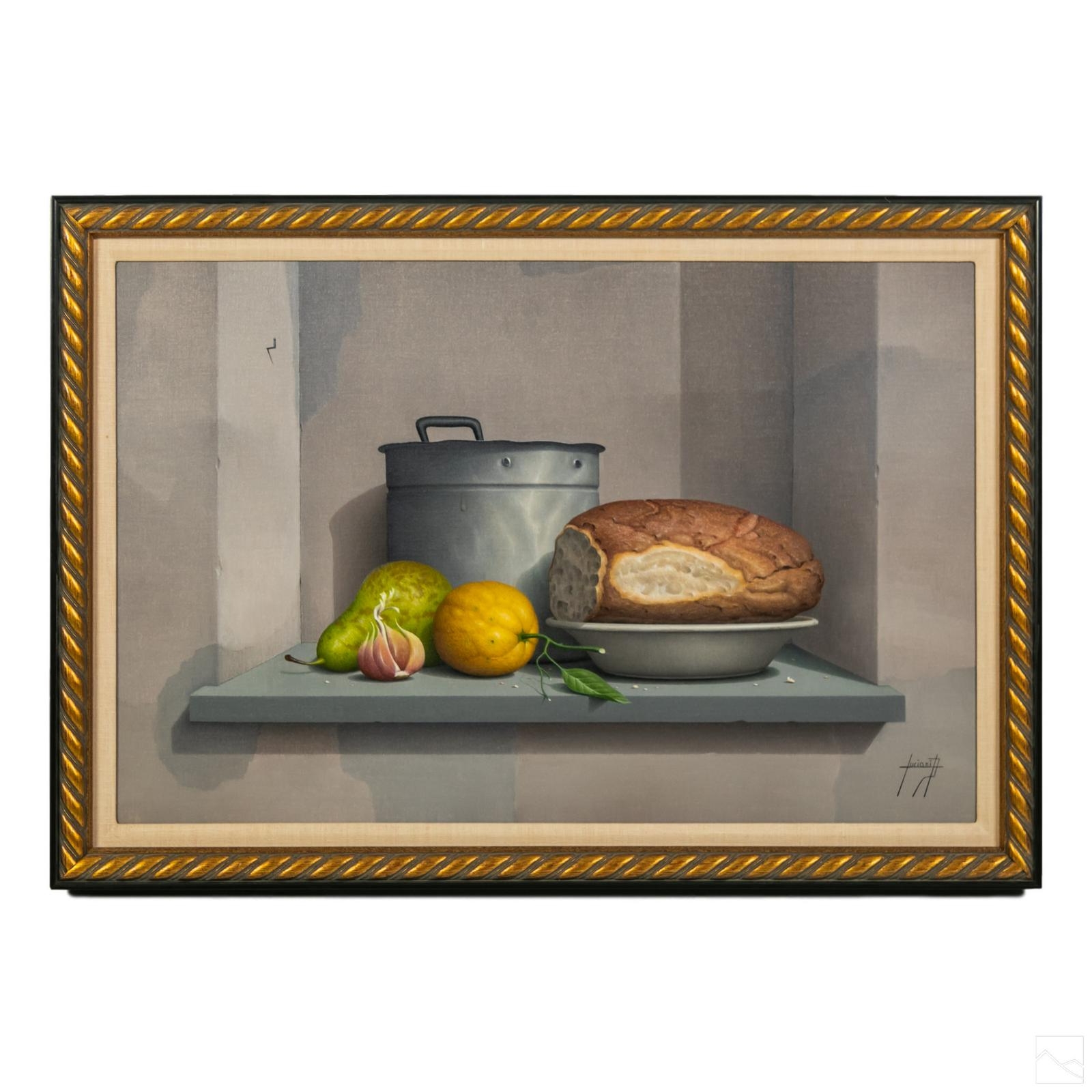 Domenico Luciani | A still life scene with orange, pear, garlic, bread ...