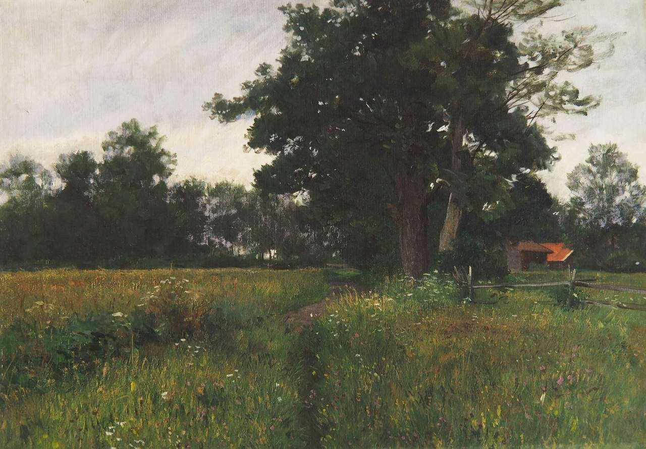 Fritz Freund | Baumbestandene Wiesenlandschaft mit Gartenhäuschen ...