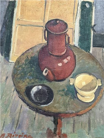 Paul Rivoire | Nature morte à la cafetière sur une tablea ronde dans l ...