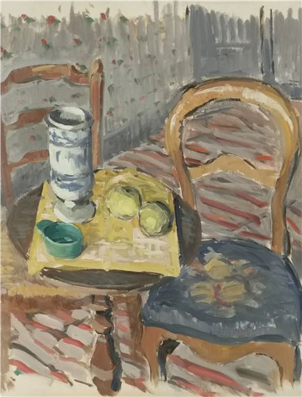 Paul Rivoire | Nature morte aux chaises, guéridon et albarello. | MutualArt