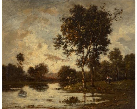 Léon Richet | A peasant woman by the pond at sunset | MutualArt