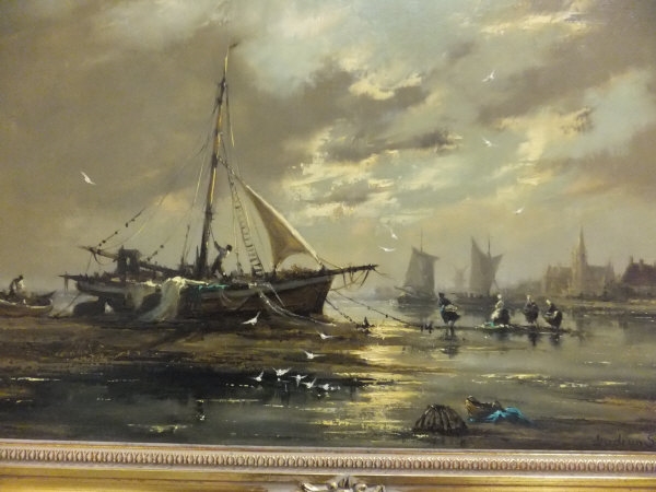 Gudrun Sibbons | Dutch estuary scene with figures and fishing boats in ...