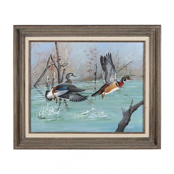Duane Raver Jr. | Wood Duck and Hen in Flight (1960) | MutualArt