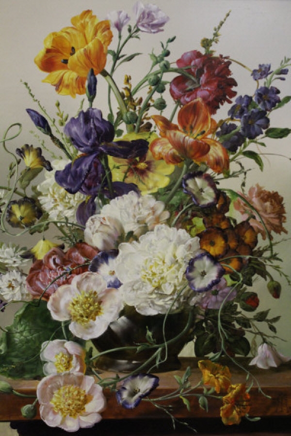 Gyula Siska | Still life study of flowers in a vase on a ledge | MutualArt