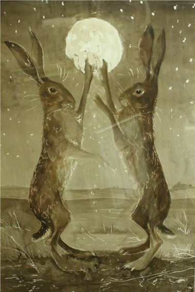 British School, 20th Century | Two hares boxing in moonlight with full ...