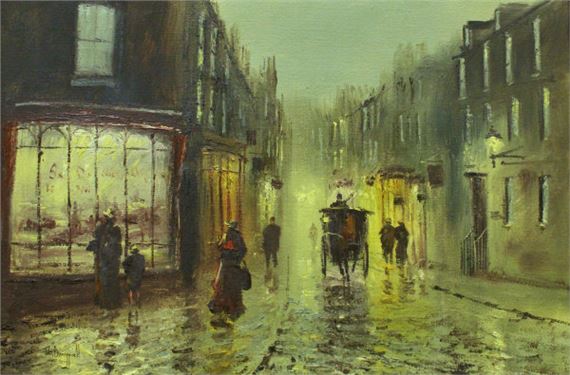 John Bampfield | Victorian Street Scene at Night with Carriage and ...