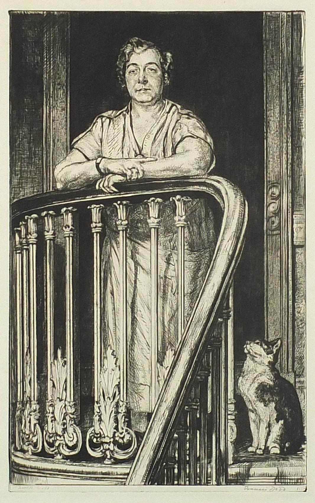 Francis Dodd | Female at a banister with cat | MutualArt