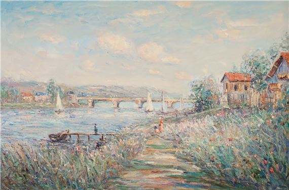 Claude Monet | River scene painting having sail boats near bridge and ...