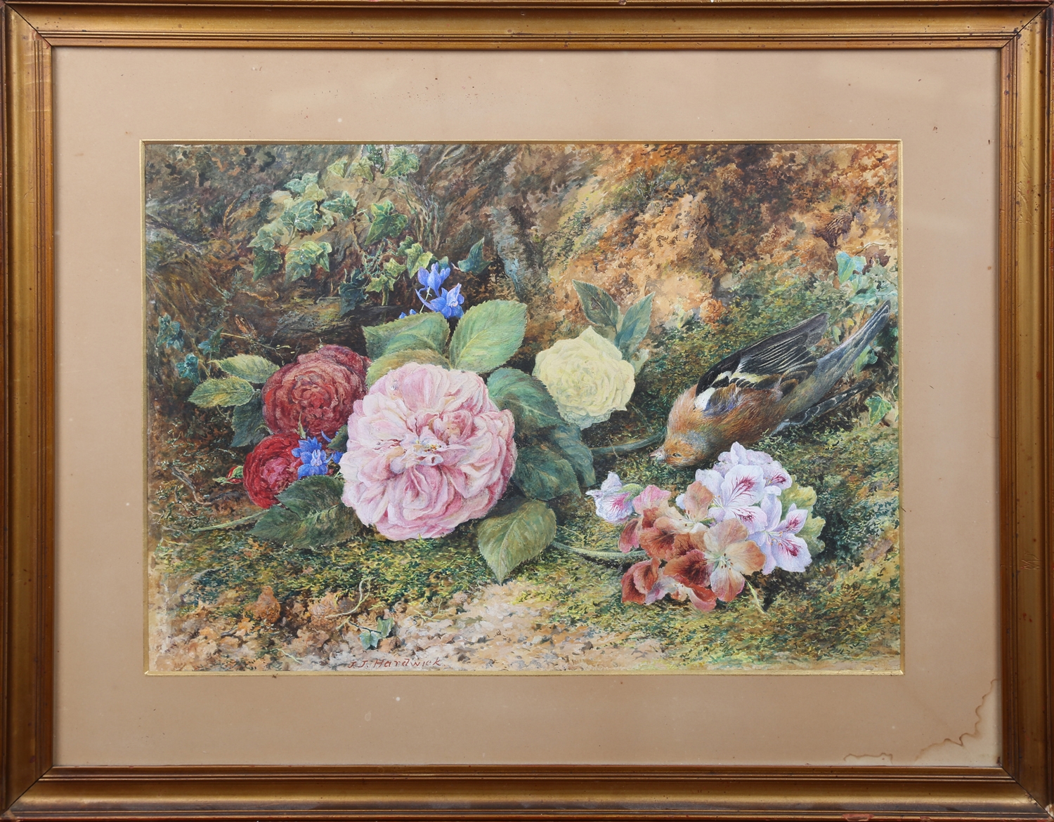 John Jessop Hardwick | Still Life with Flowers and Bird on a Mossy Bank ...