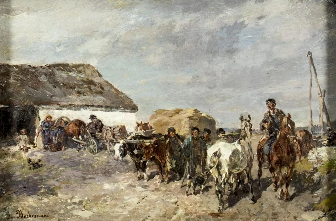 Gregor von Bochmann | Farmyard Scene with Oxcart | MutualArt