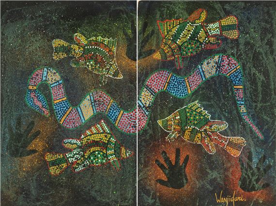 Leanne Reid Wanjidari | Dyptich of Fish, Dreamtime Serpent and Hands ...