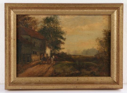 Primitive School, 19th Century | a wagon and two figures by a building ...